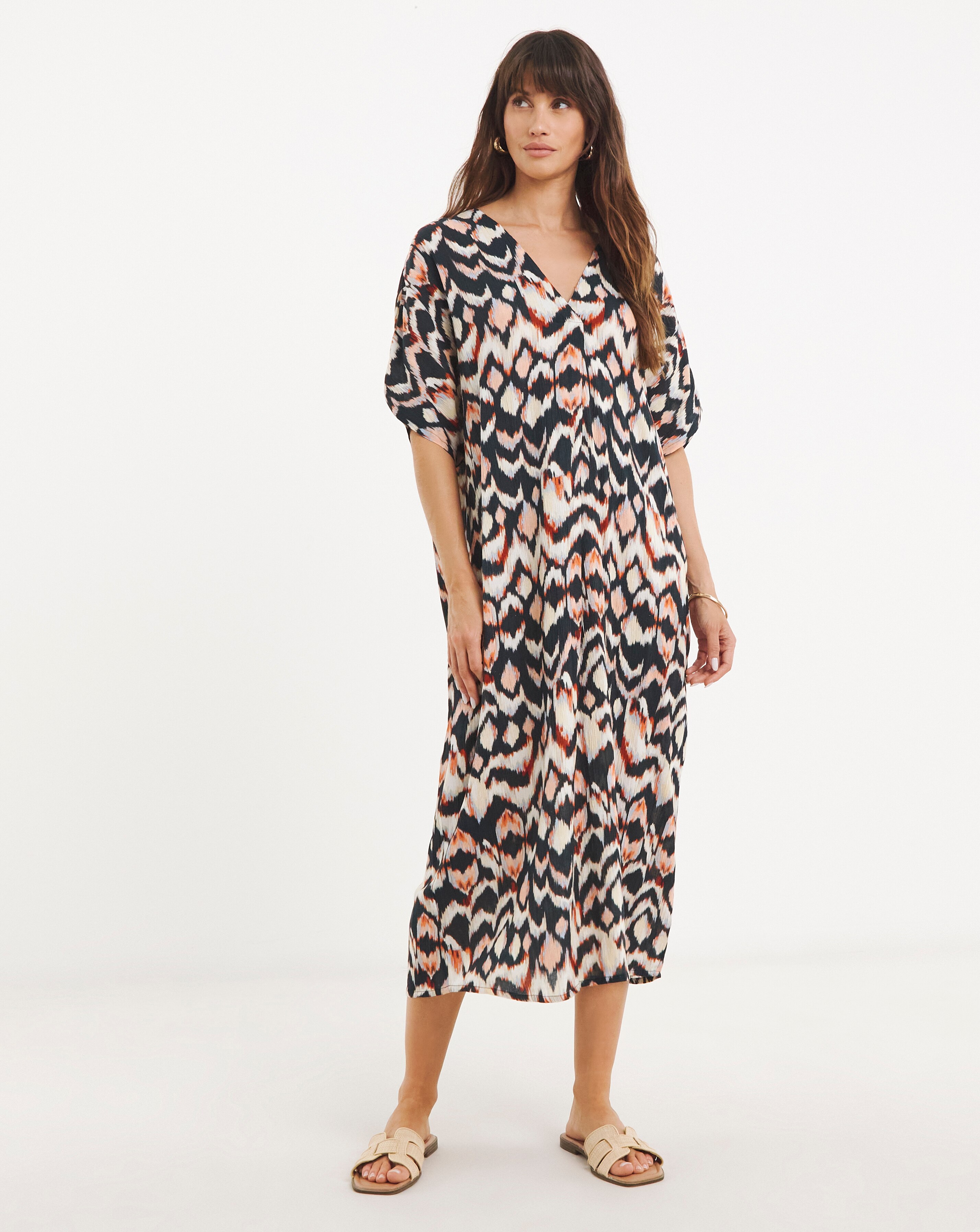 Textured Crinkle Kaftan Overhead Midi Dress | JD Williams