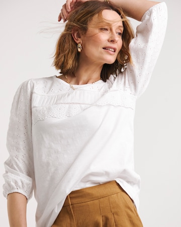 White Broderie 3/4 Sleeve Top | JD Williams
