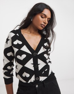Simply Be Sequin Heart Fluffy Argyle Boyfriend Cardigan | JD Williams